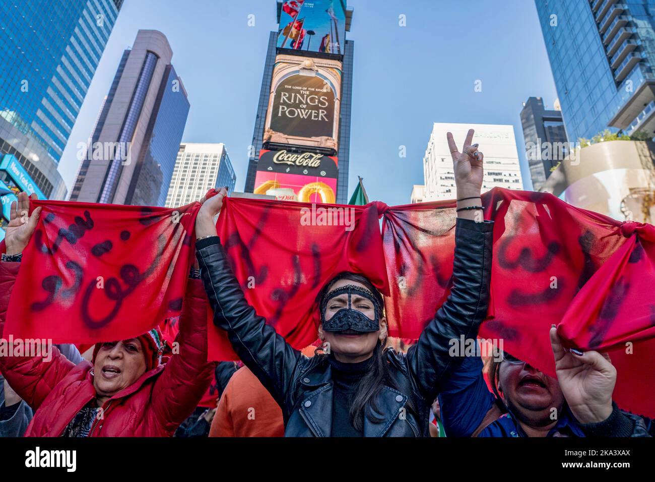 New York, United States. 29th Oct, 2022. Emotional protesters sing ...