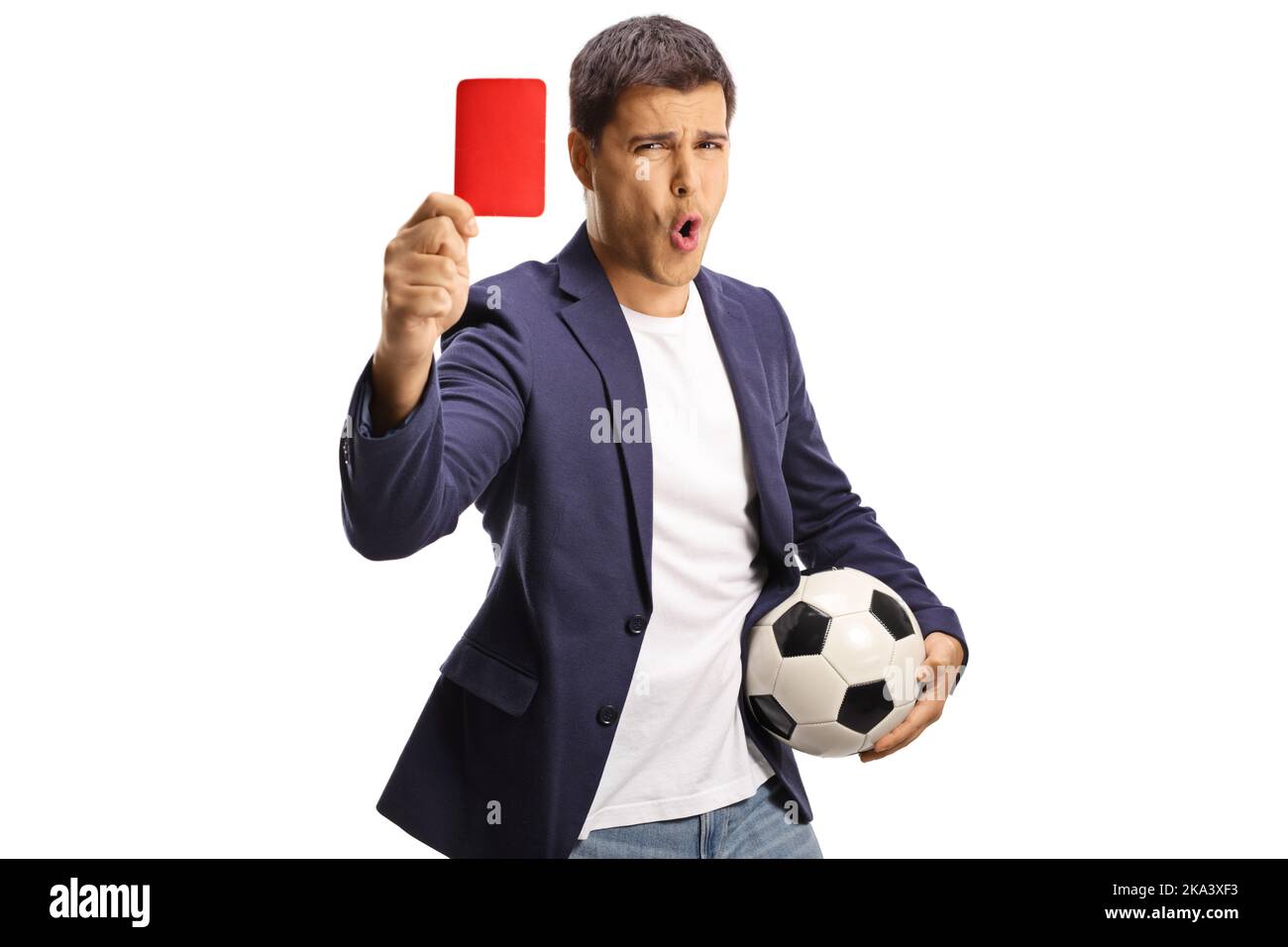 Casual young man holding a football and showing a red card isolated on ...