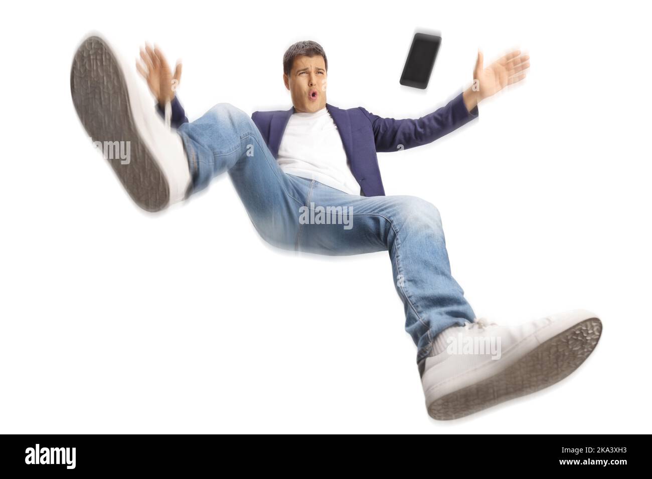 Young man with a smartphone falling isolated on white background Stock ...