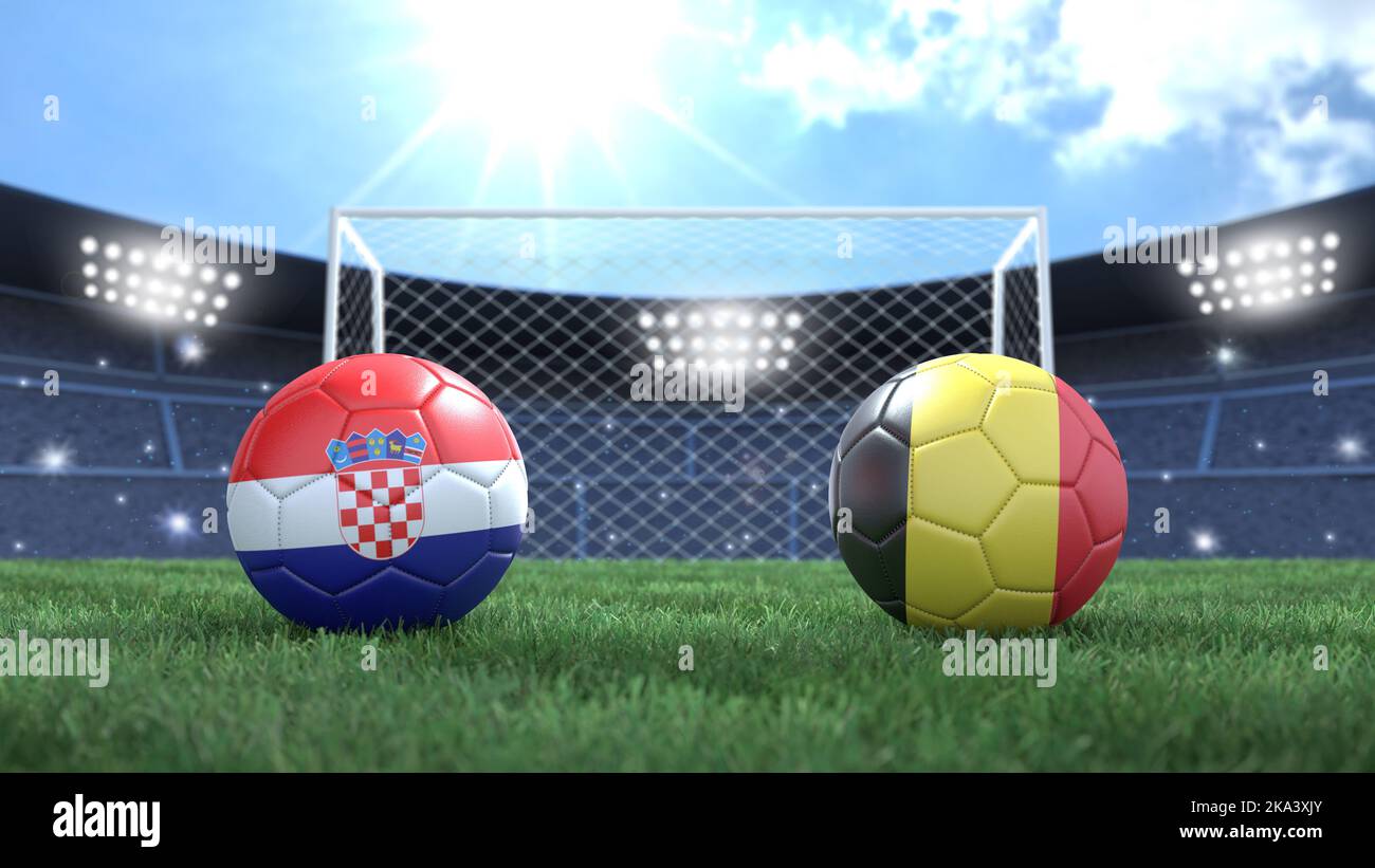 Two soccer balls in flags colors on stadium bright blurred background. Croatia and Belgium. 3d ...