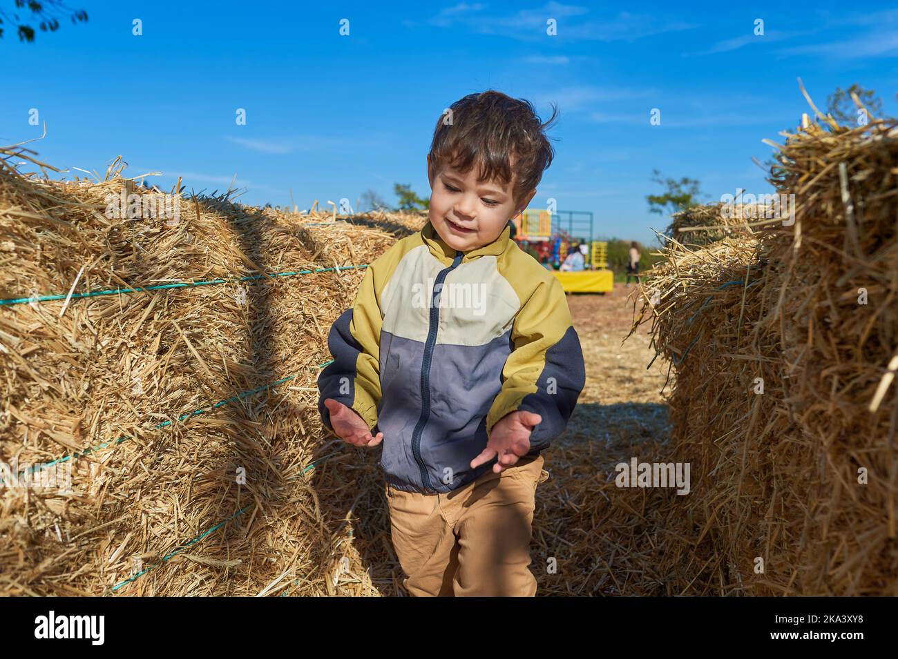 cute boy running around in the hay stacks on Halloween Stock Photo - Alamy