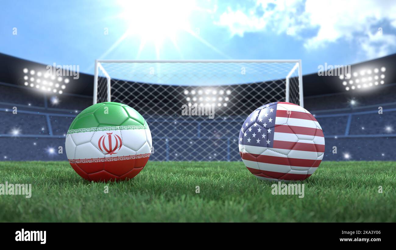Two soccer balls in flags colors on stadium bright blurred background ...