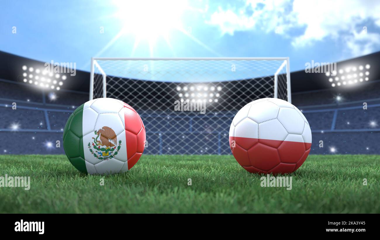 Two soccer balls in flags colors on stadium bright blurred background ...