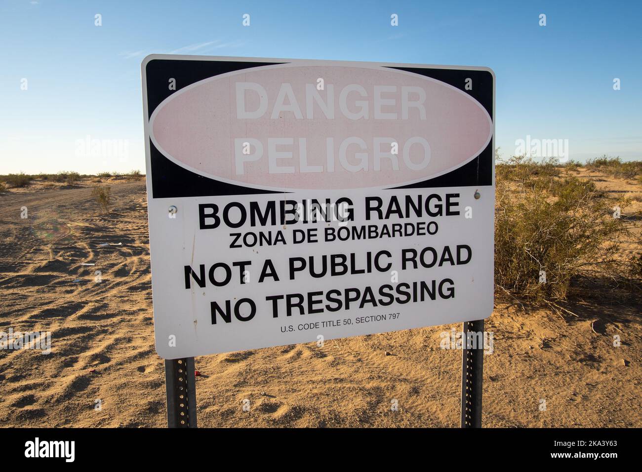 A closeup shot of the Bombing range signage in the desert of California ...