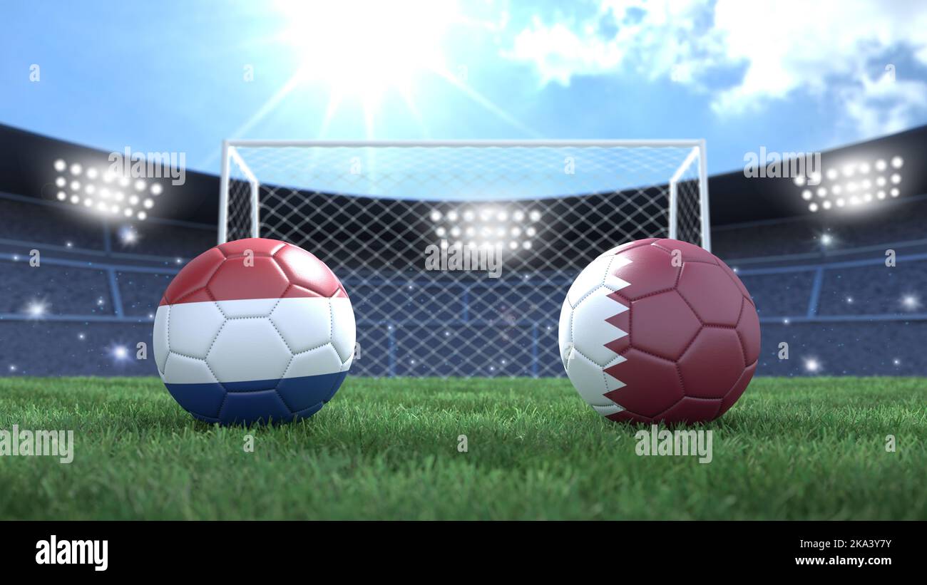 Two soccer balls in flags colors on stadium bright blurred background ...