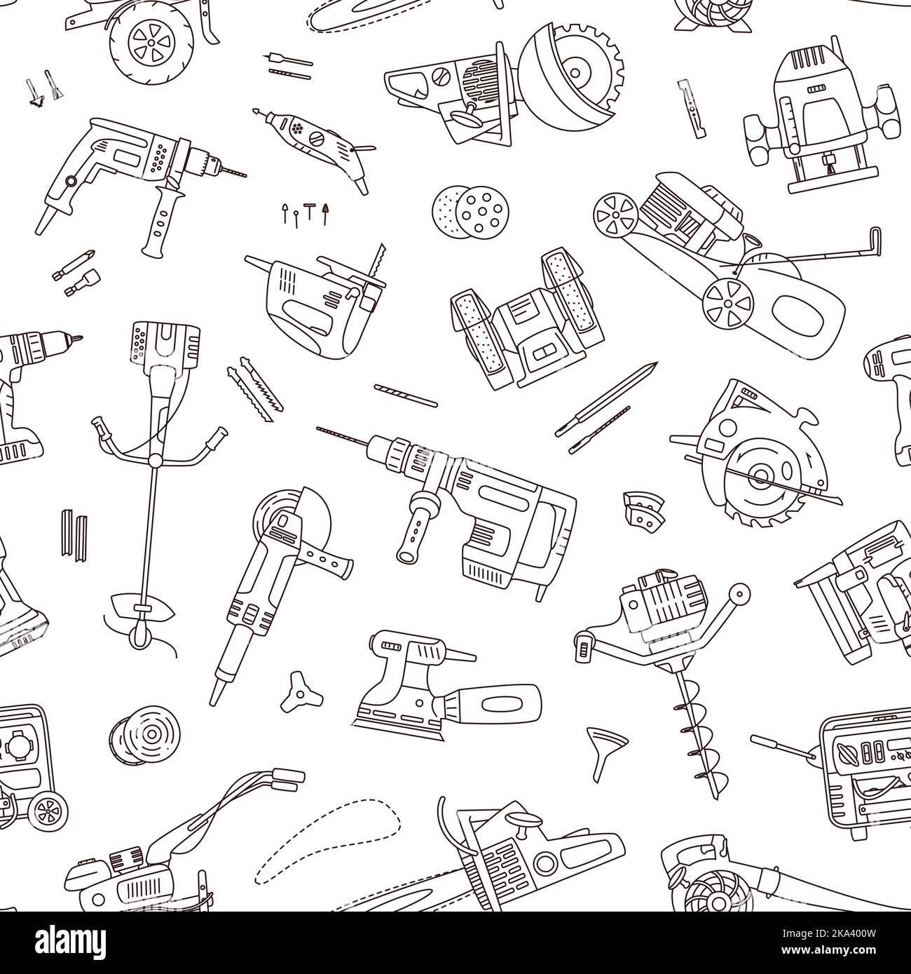 Line icon style seamless vector pattern of hand power repair tools ...