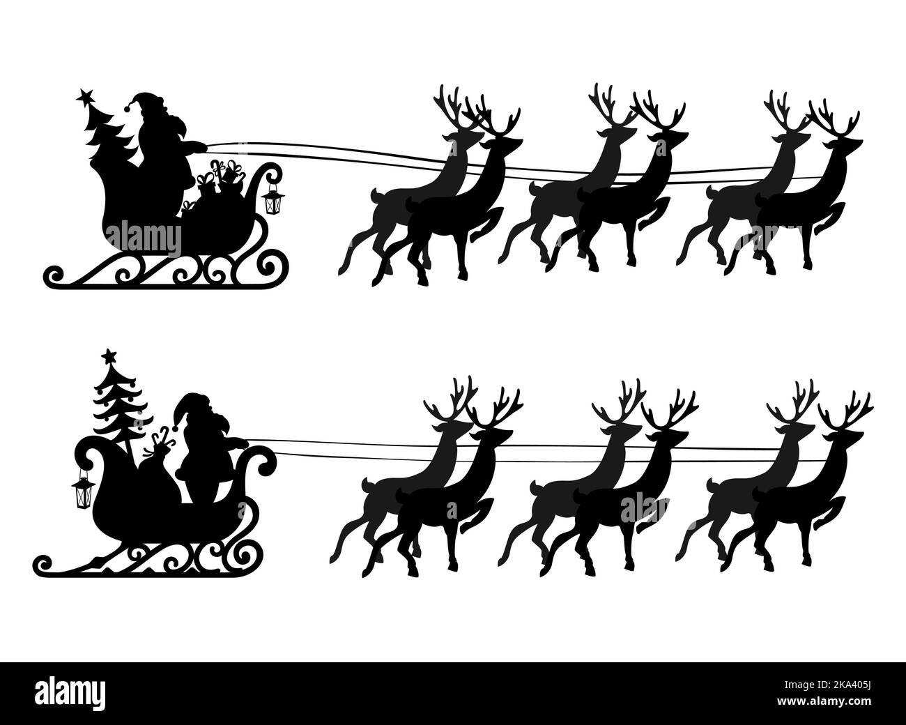 Santa Claus and gifts in sleigh with reindeer pulling the sleigh. Vector illustration Stock ...