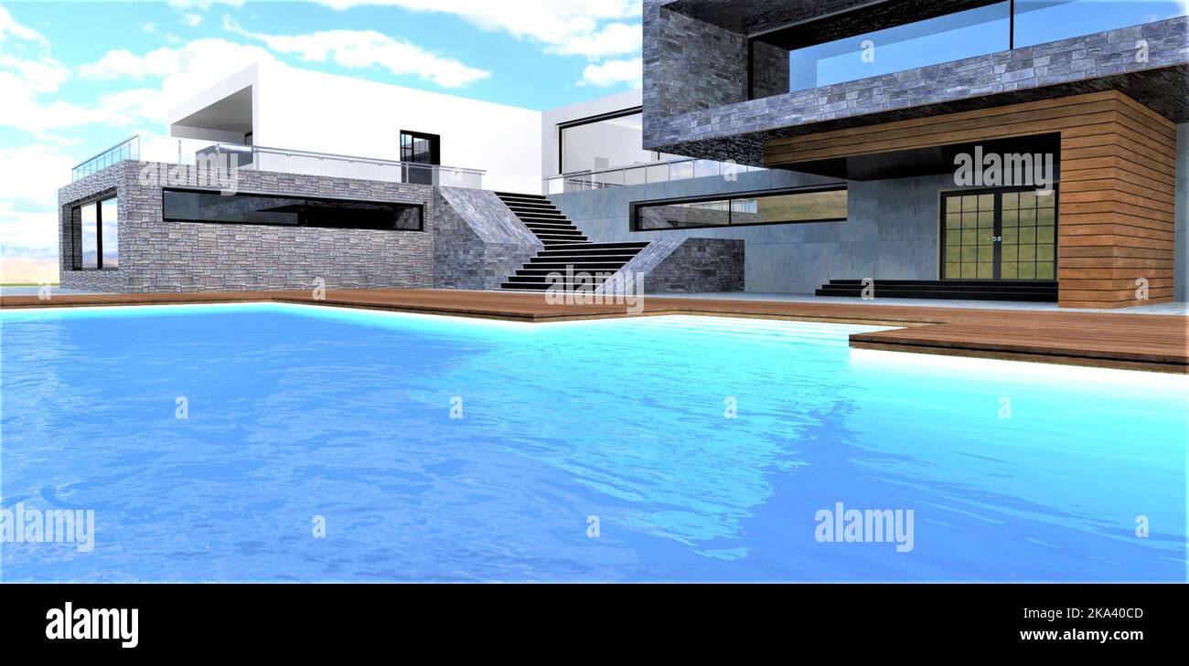 Cool blue water splashes in the pool on the grounds of the stylish ...