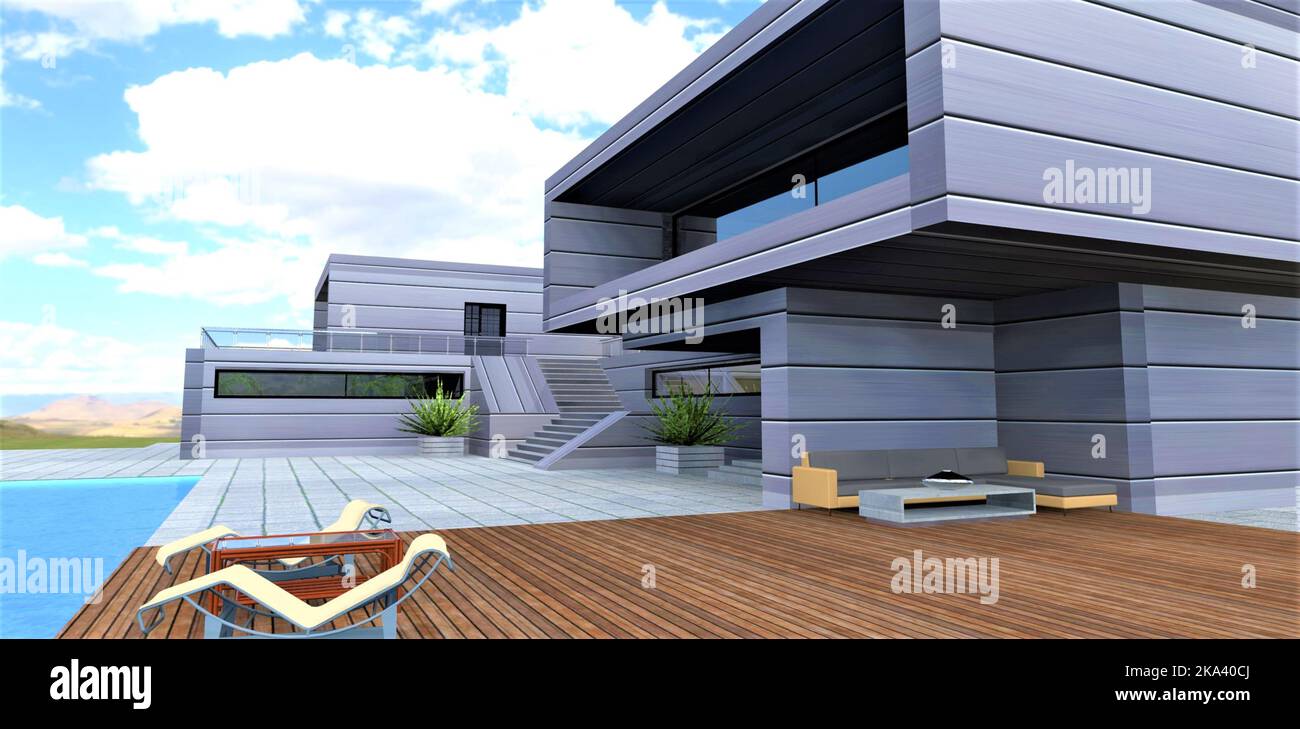 Technological energy-efficient facade of a futuristic house. Composite ...