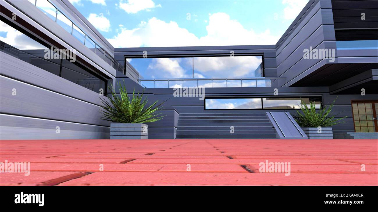 Red paving stones in the yard of a stylish design house built according ...