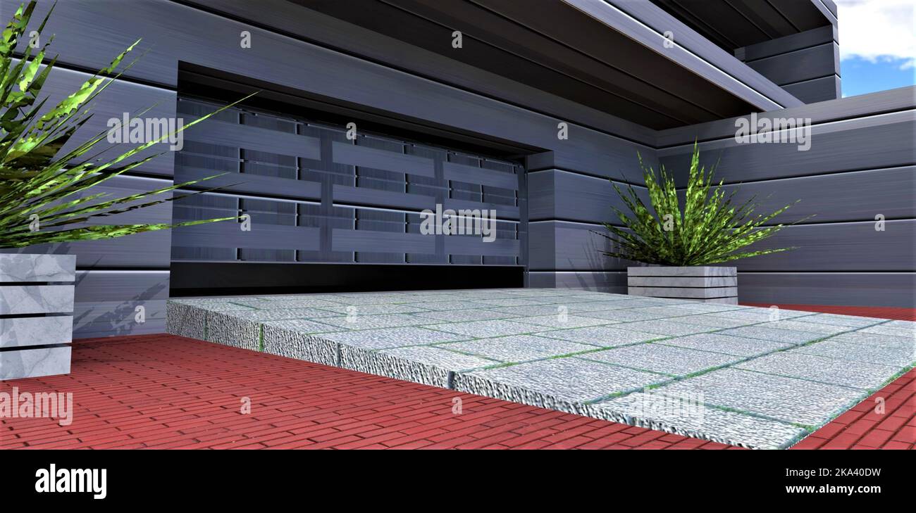 Stylish garage of an advanced country house. Aluminum lifting gates ...