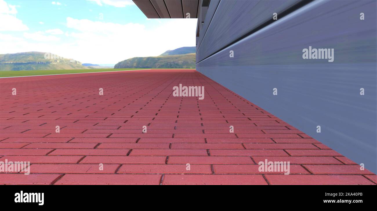 Combination of red brick paving stones and a facade made of composite ...