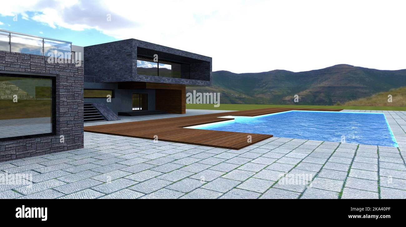 Concrete rectangular pavers in front of the pool of a compact villa ...