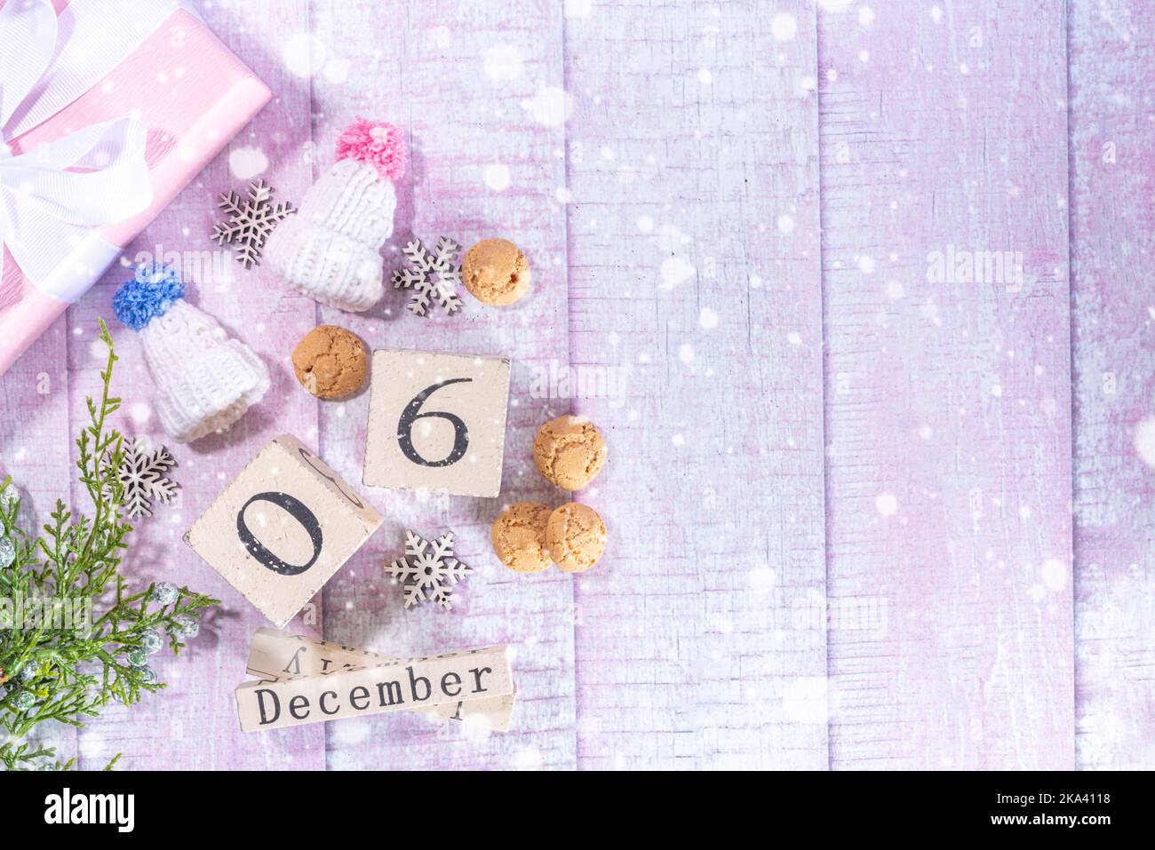 Sinterklaas, Saint Nicholas day background. Kids winter hats, block ...