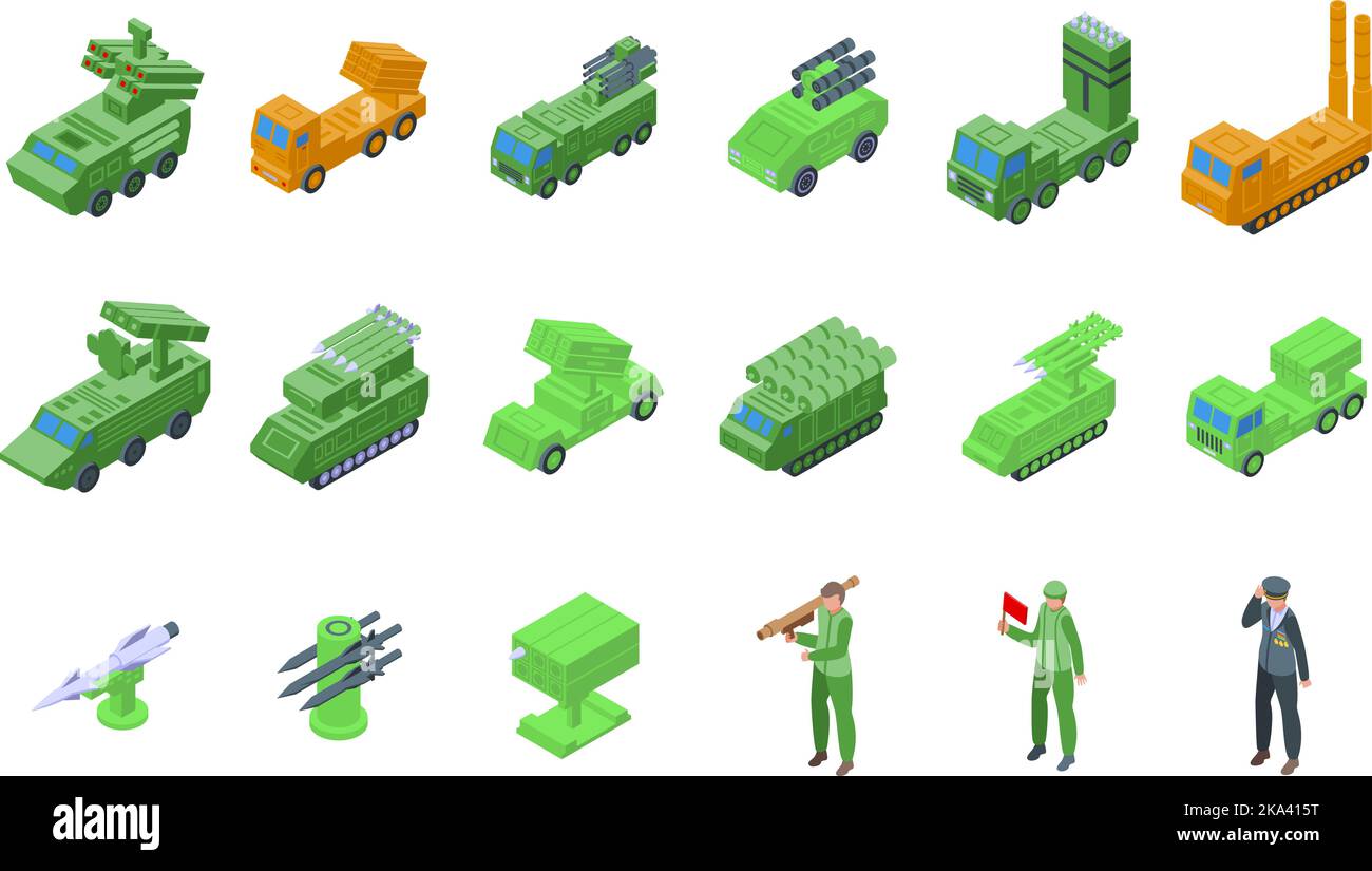 Anti-aircraft missile system icons set isometric vector. Truck gun ...