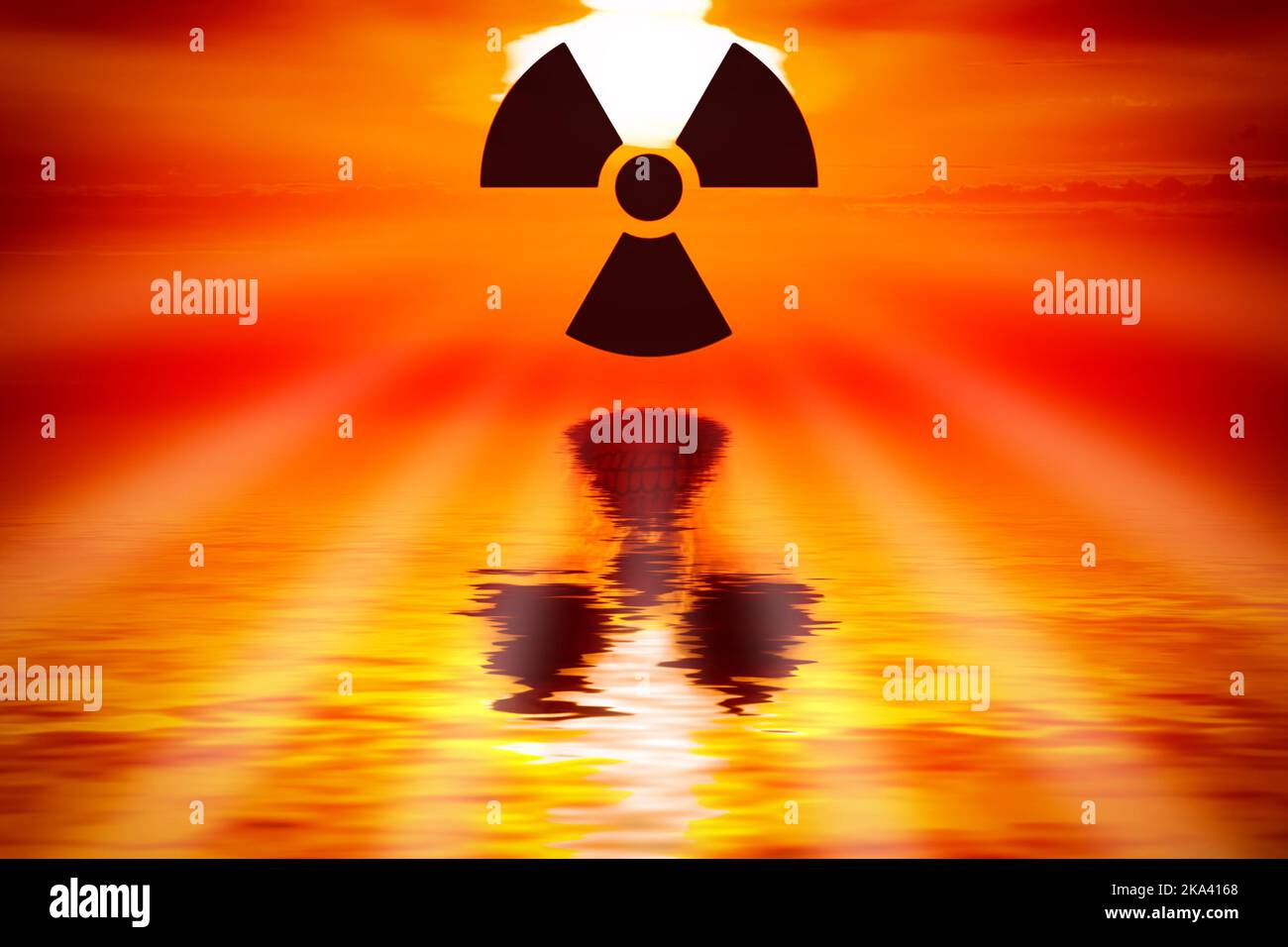 radioactive symbol over the water with skull in the reflection Stock ...