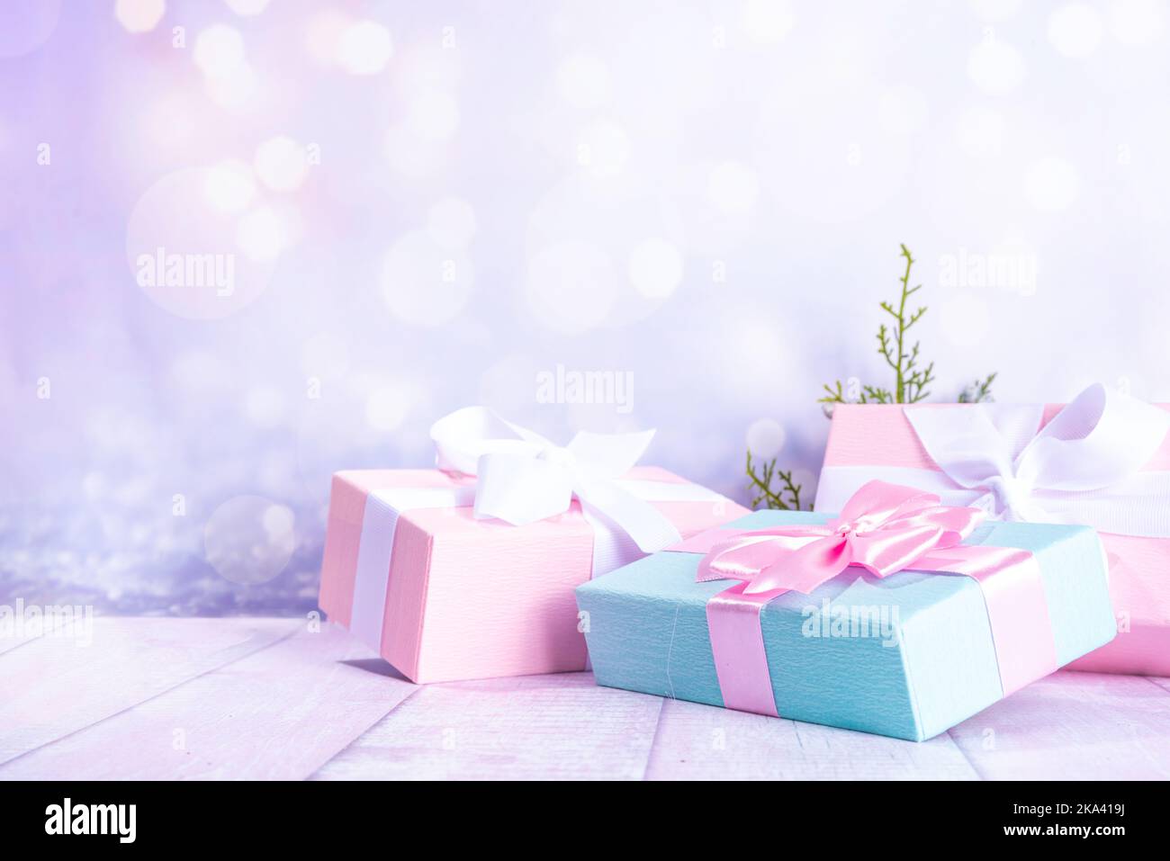 Pastel Christmas background with blue and pink gifts, pine tree ...