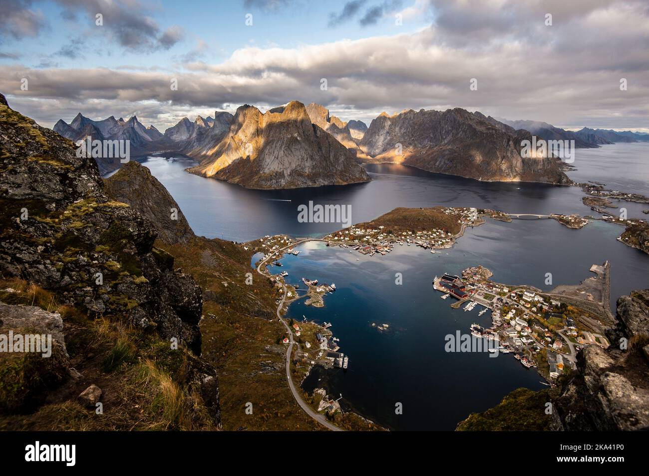 Aerial view of coastal village and mountain landscape from Reinebringen ...