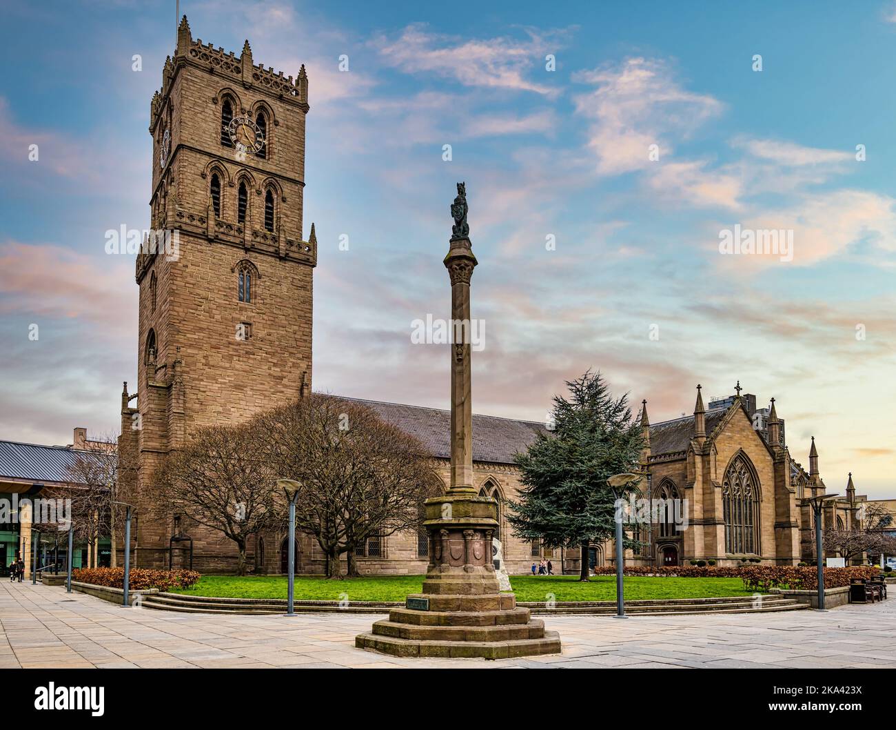 Exterior of Dundee Parish Church bell tower with mercat or market cross ...