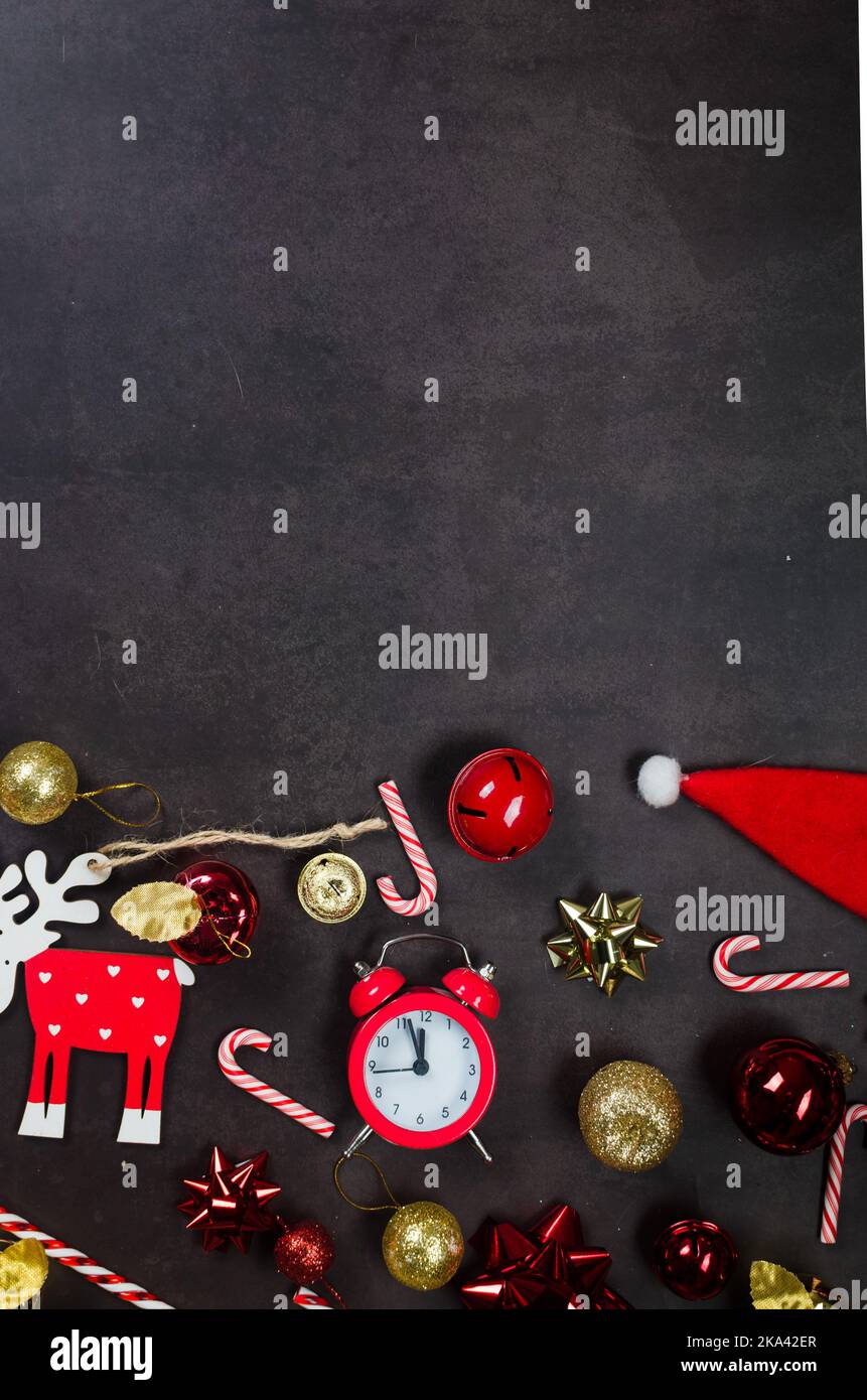 christmas background with many decorated red and golden color on dark ...