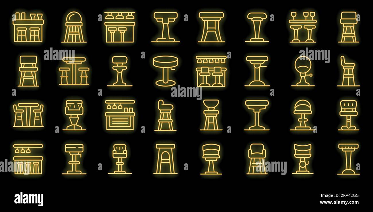 Bar stool icons set outline vector. Chair bench. Club furniture neon ...