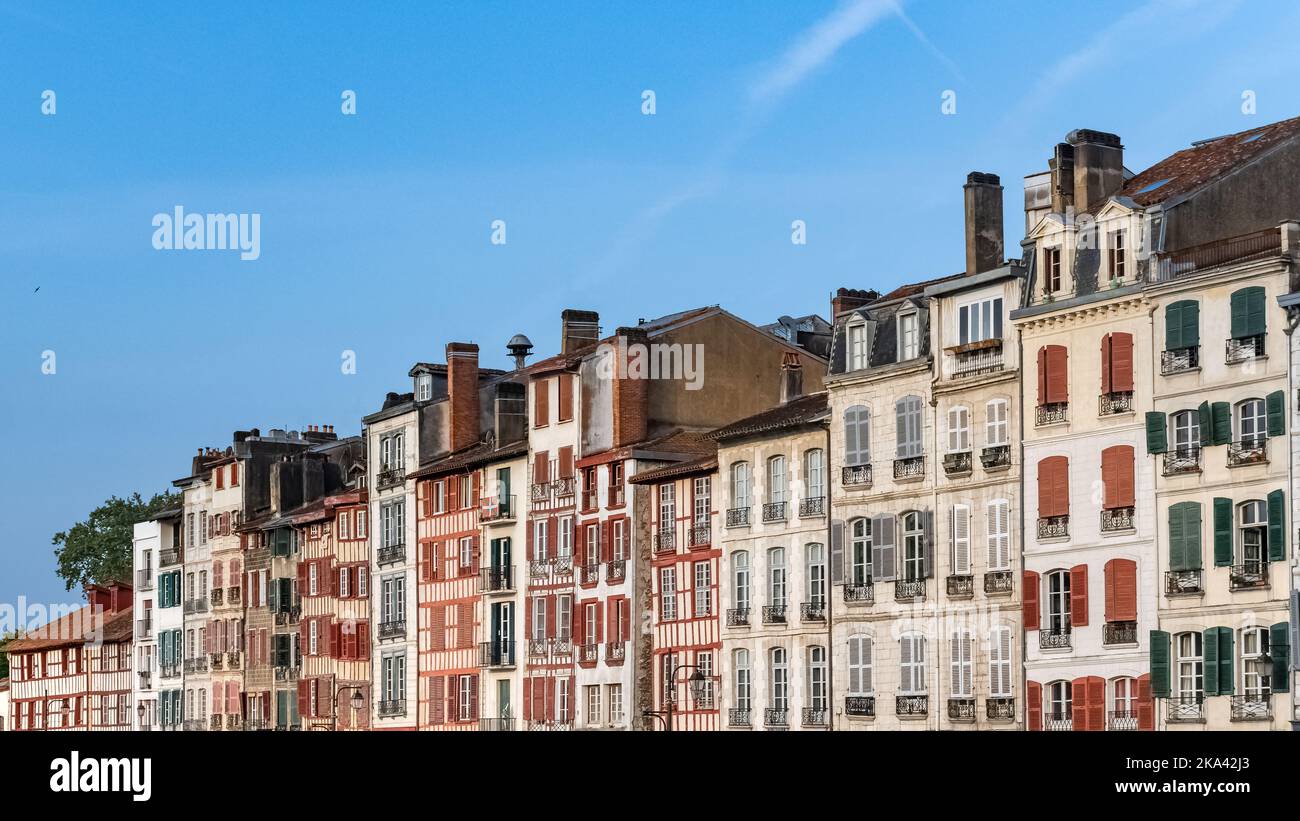 Bayonne in the pays Basque, typical facades with colorful shutters in ...