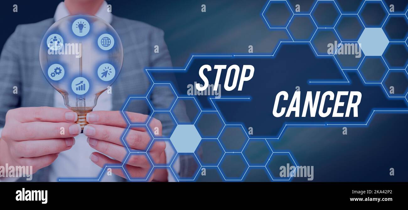 Text caption presenting Stop Cancer, Conceptual photo quit the use of ...