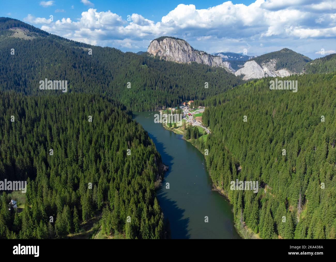 An aerial view of Rosu Lake - Romania, drone view, summer Stock Photo ...