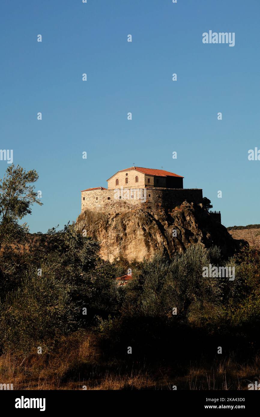 Glykfylousa Panagia. Our Lady of the Sweet Kiss church on a rock. Petra town, Lesbos views Stock ...