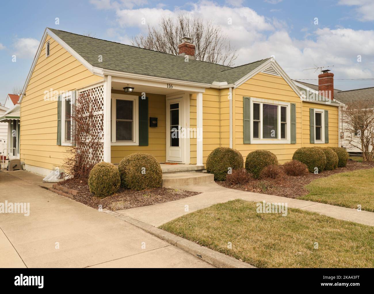 An exterior of a modern yellow detached house with a garden fu of round ...