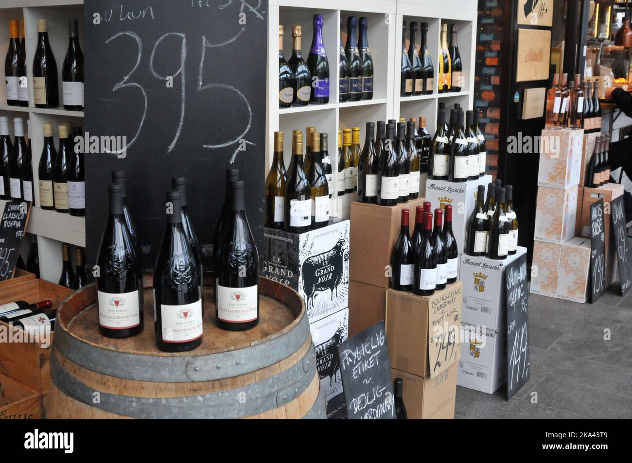 Copenhagen/Denmark/31 October 2022/Various wine bottle on wine shelf in ...