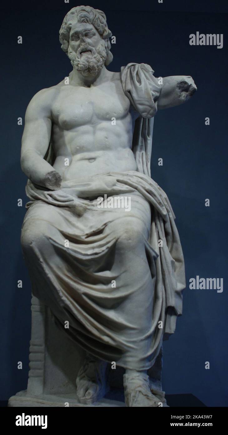 A vertical shot of a defiled marble Jupiter (Zeus) statue in the Getty ...