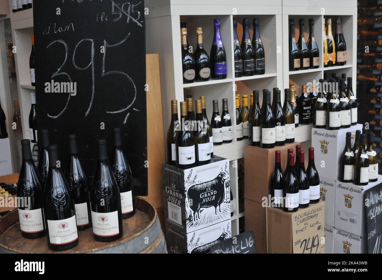 Copenhagen/Denmark/31 October 2022/Various wine bottle on wine shelf in ...