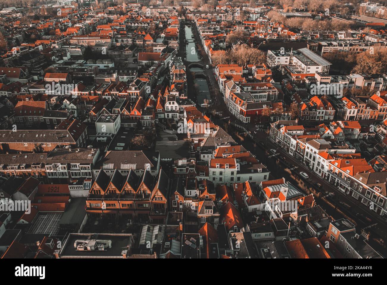 The bird's eye view of the Gouda cityscape with the river. Netherlands ...