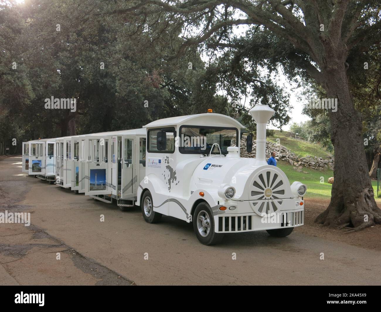 The land train takes tourists on a sightseeing tour of Veliki Brijuni ...
