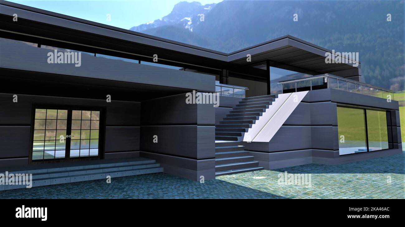 Courtyard of a futuristic estate located at the foot of high mountains ...