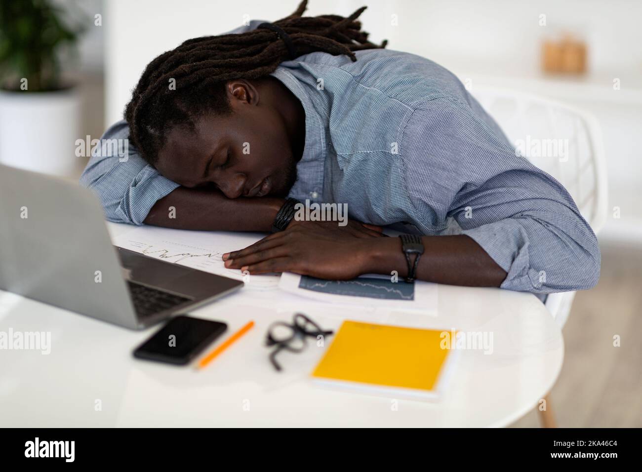 Sleep At Work. Tired African American Man Napping At Desk With Laptop ...