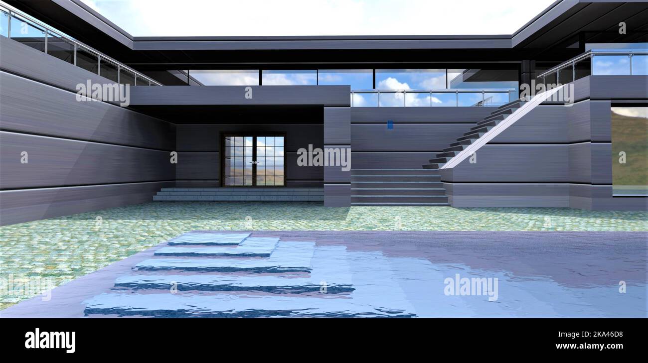 Near future. Wellness pool in the courtyard of a smart home. Special ...