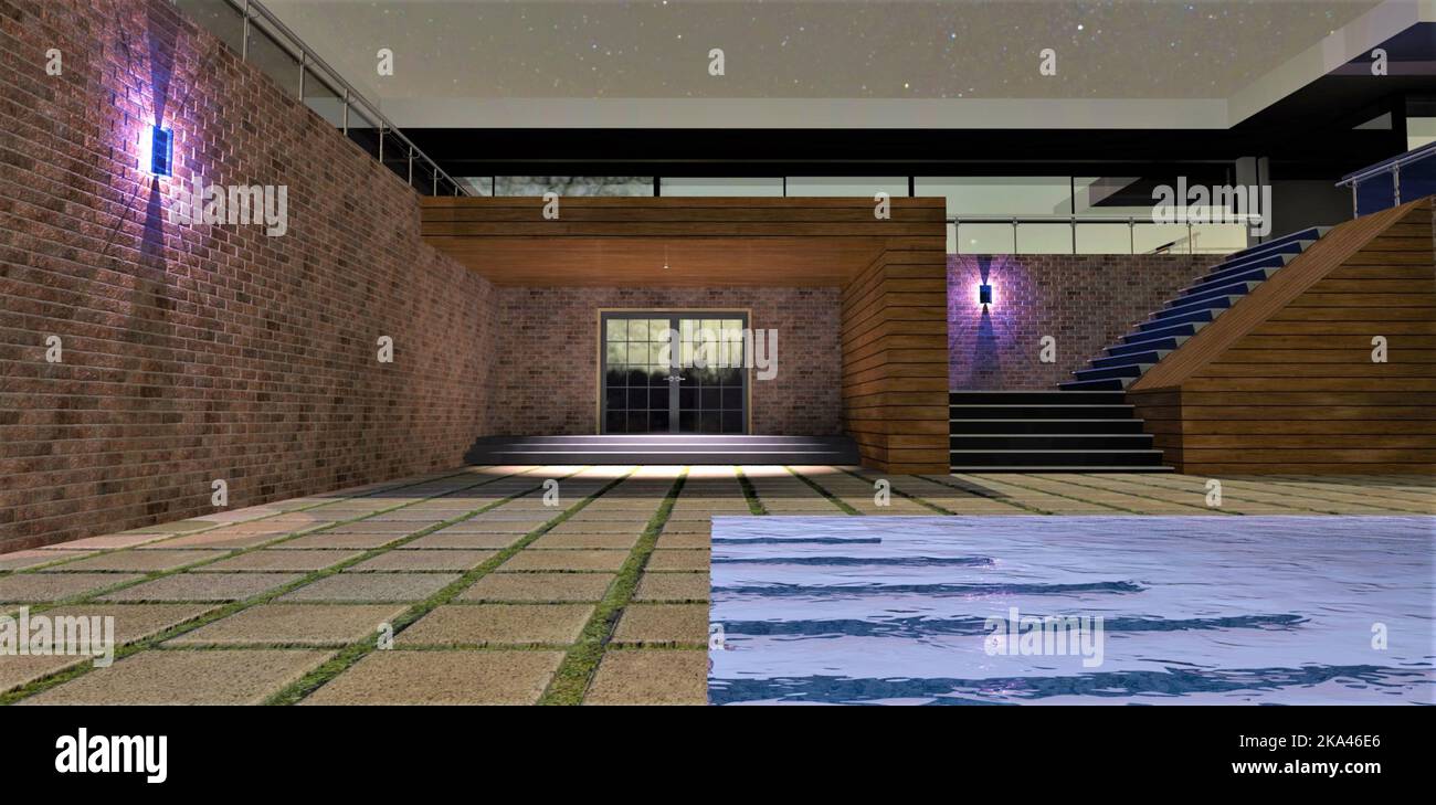 Evening courtyard of a stylish country house illuminated by night light ...