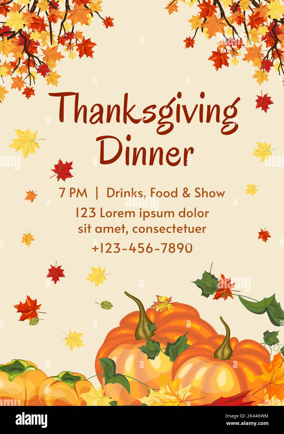 Thanksgiving fall dinner invitation poster with bright autumn leaves ...