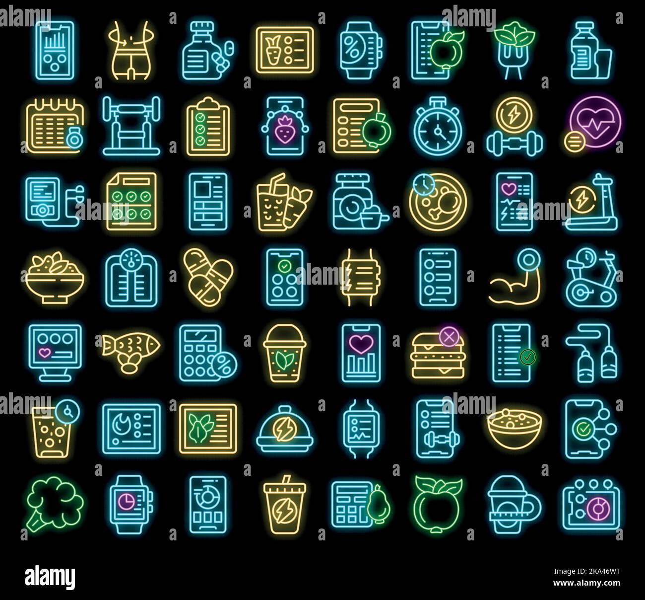 Diet app icons set outline vector. Fat plan. Body calorie neon color on ...