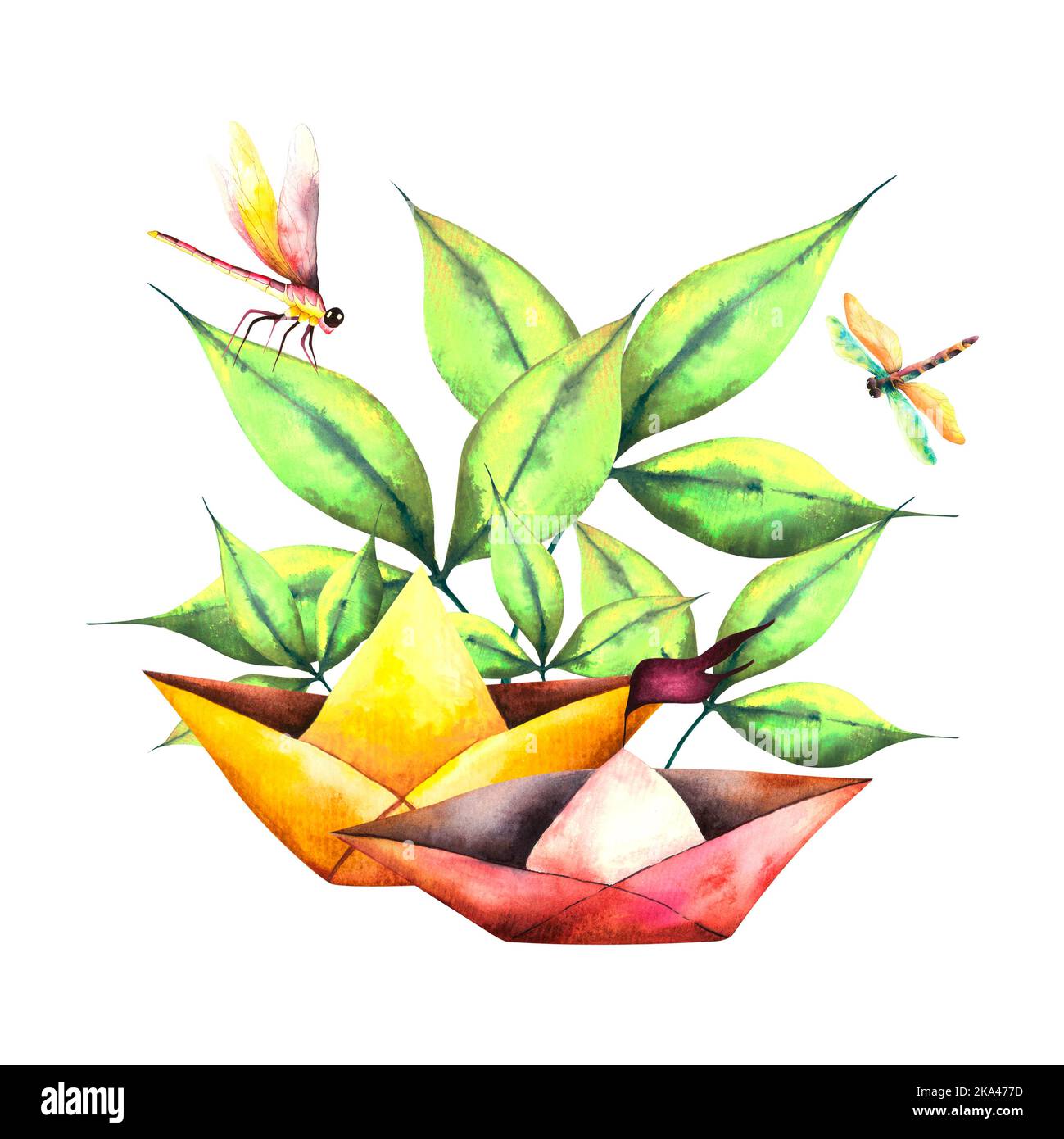 Flowers. Watercolor floral set with spring flowers and dragonflies ...