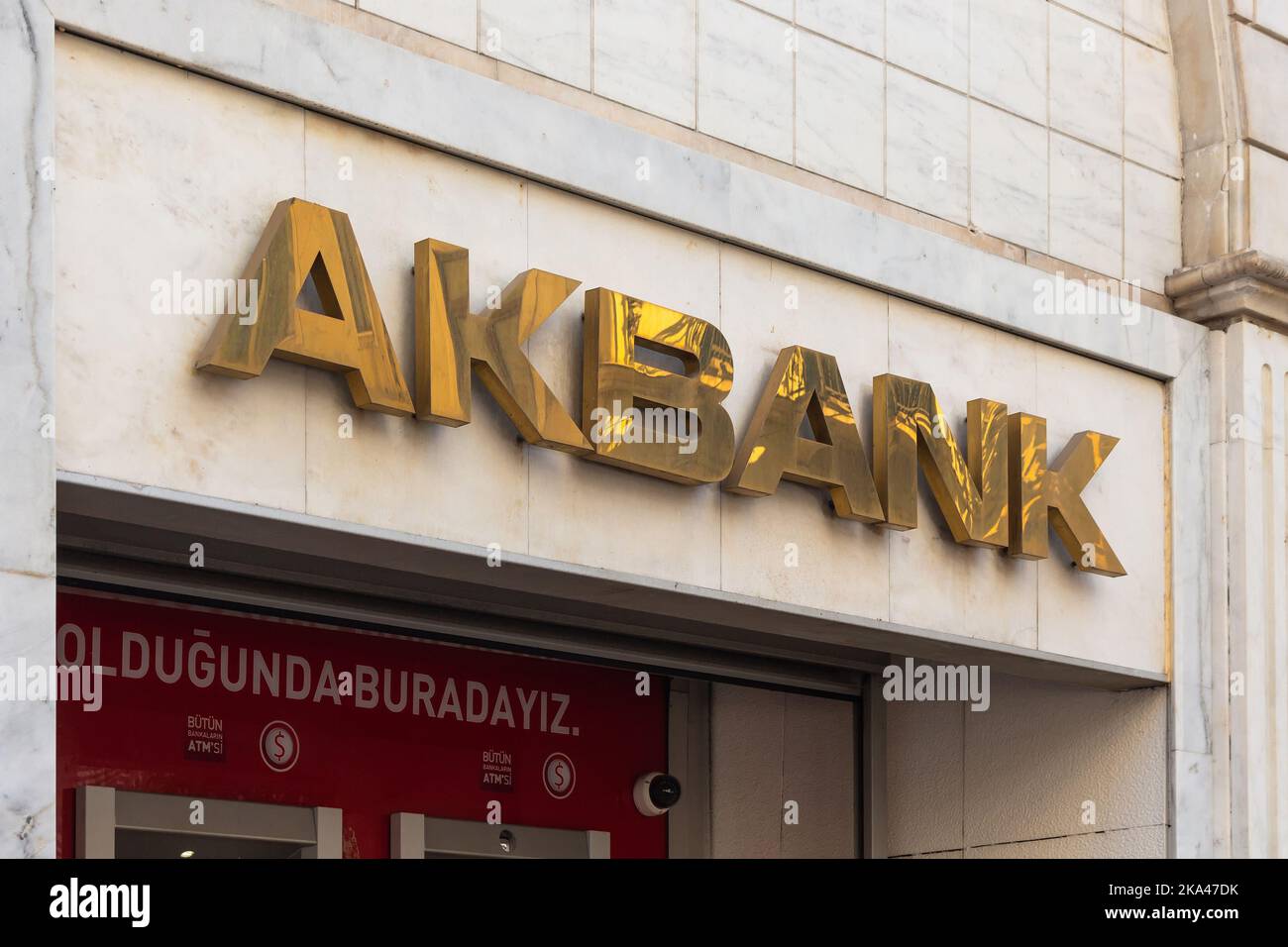 Close up view of Turkish bank's branch signage on Istiklal Avenue in ...