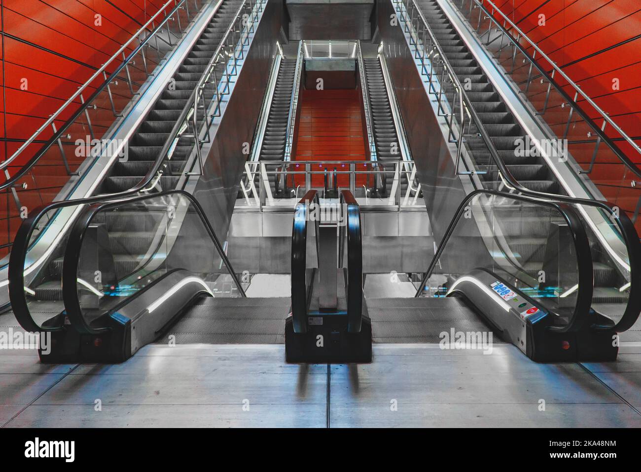 Electric escalators in metro. Moving staircases Stock Photo - Alamy