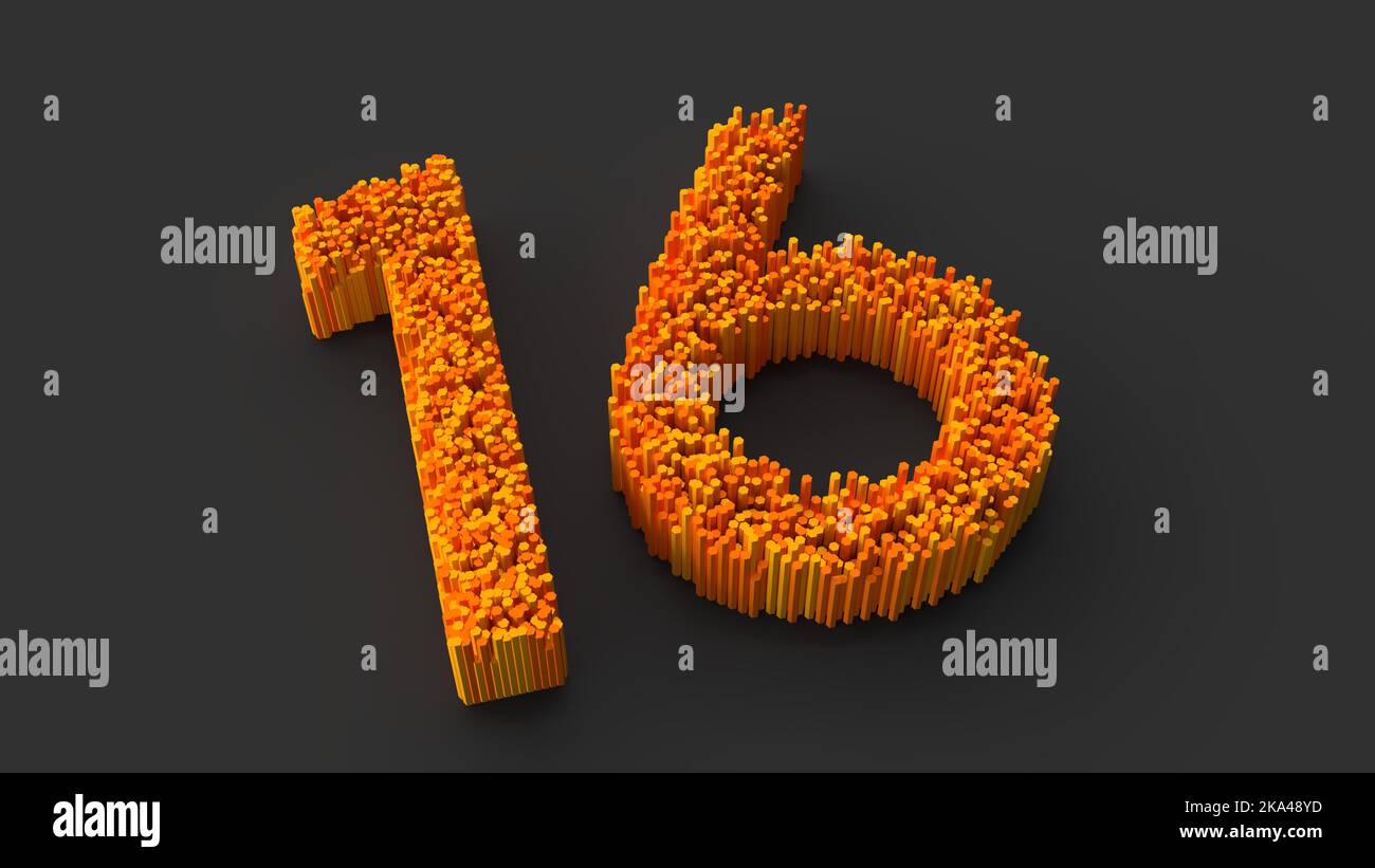 An illustration of a orange and red number 16 isolated over dark ...
