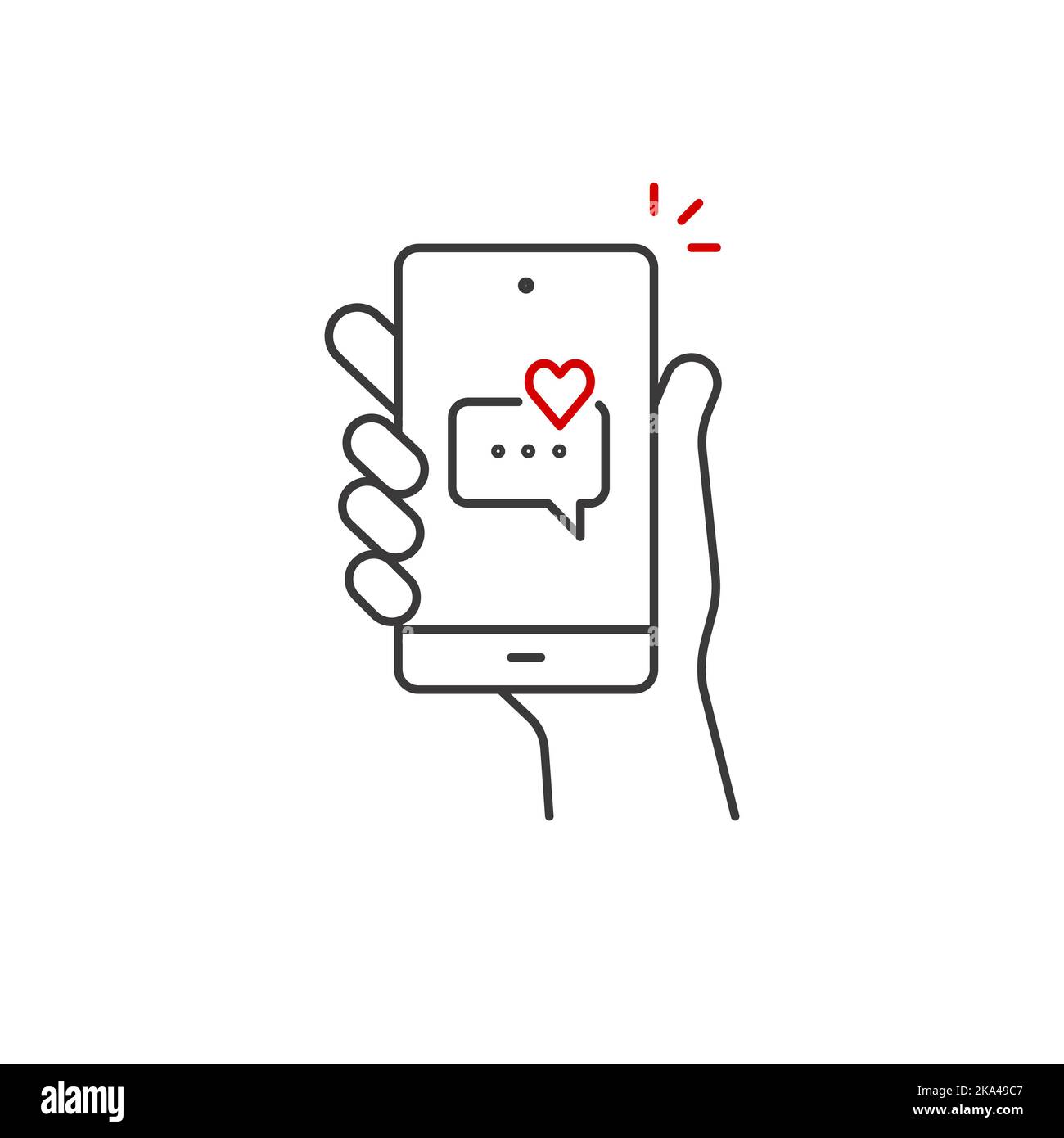 Hand hold smartphone, heart email send, new love message line icon ...