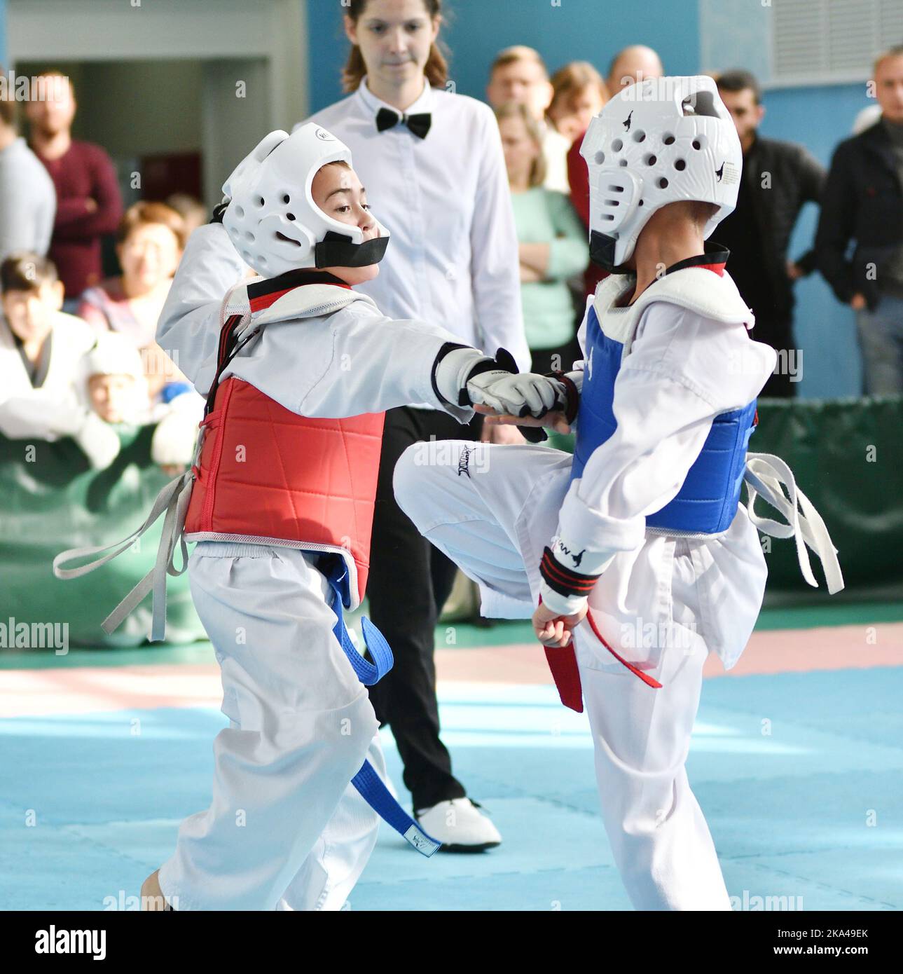 Orenburg, Russia - October 19, 2019: Two fighter compete in taekwondo ...