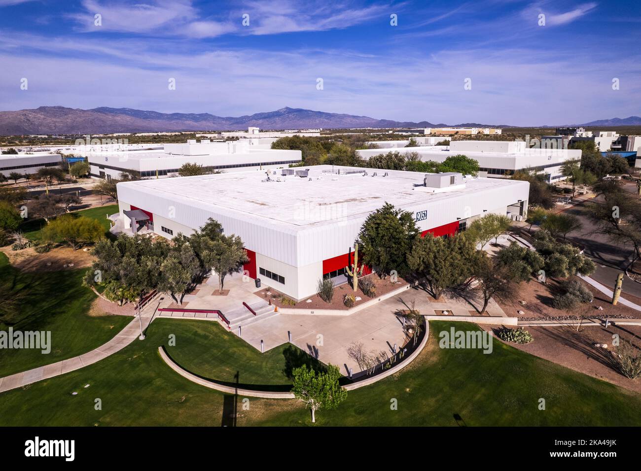 An aerial view of modern white factory buildings on a sunny day Stock ...
