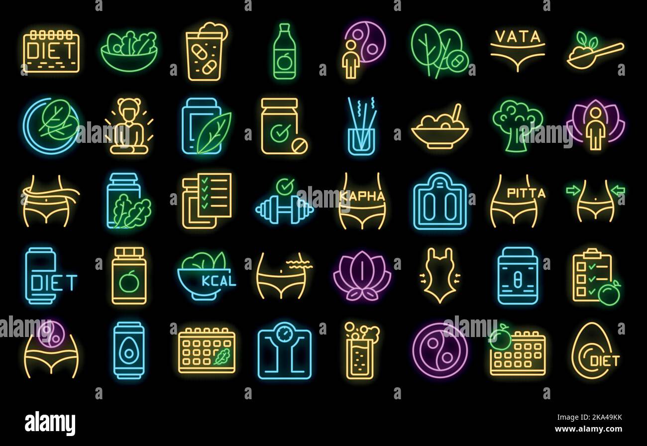 Ayurvedic diet icons set outline vector. Food eating. Cooking ...