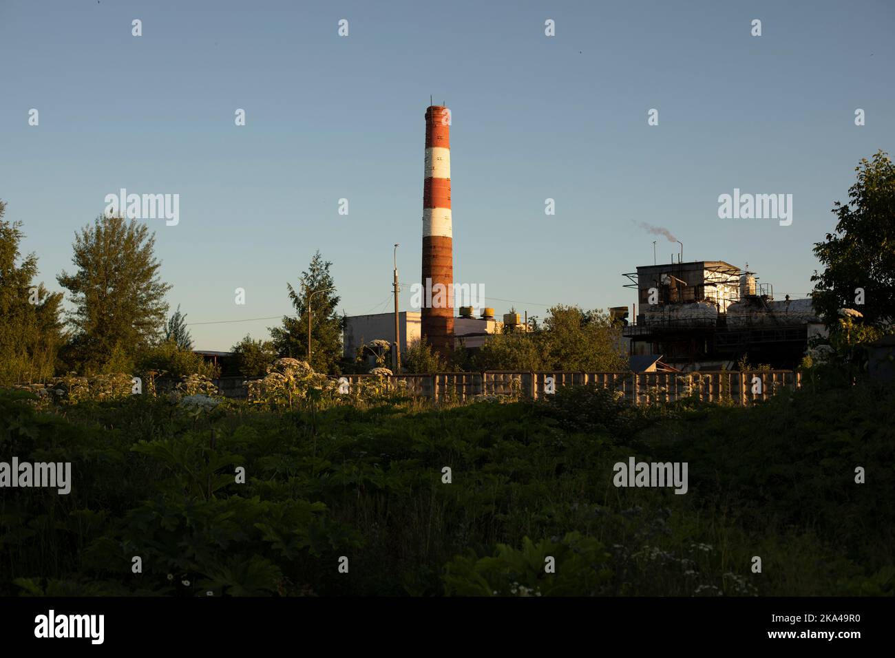 Boiler station pipe. Industrial landscape. View of factory. Painted ...